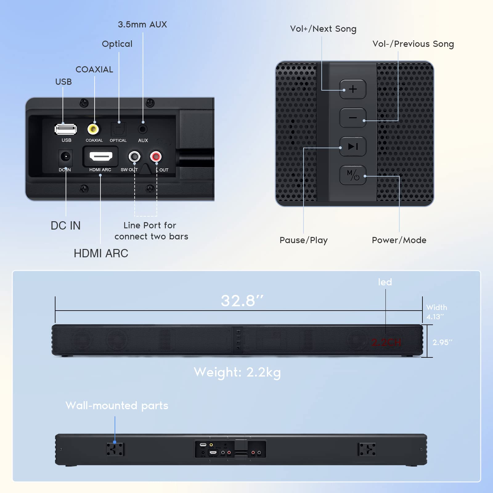 GEOYEAO Sound Bar, Bass Speakers for Smart TV with Dual Subwoofer 3D Surround Sound System, 32 Inch 2.2CH Home Theater Audio Soundbar, HDMI ARC Connection, 2 in 1 Detachable & Wall Mountable