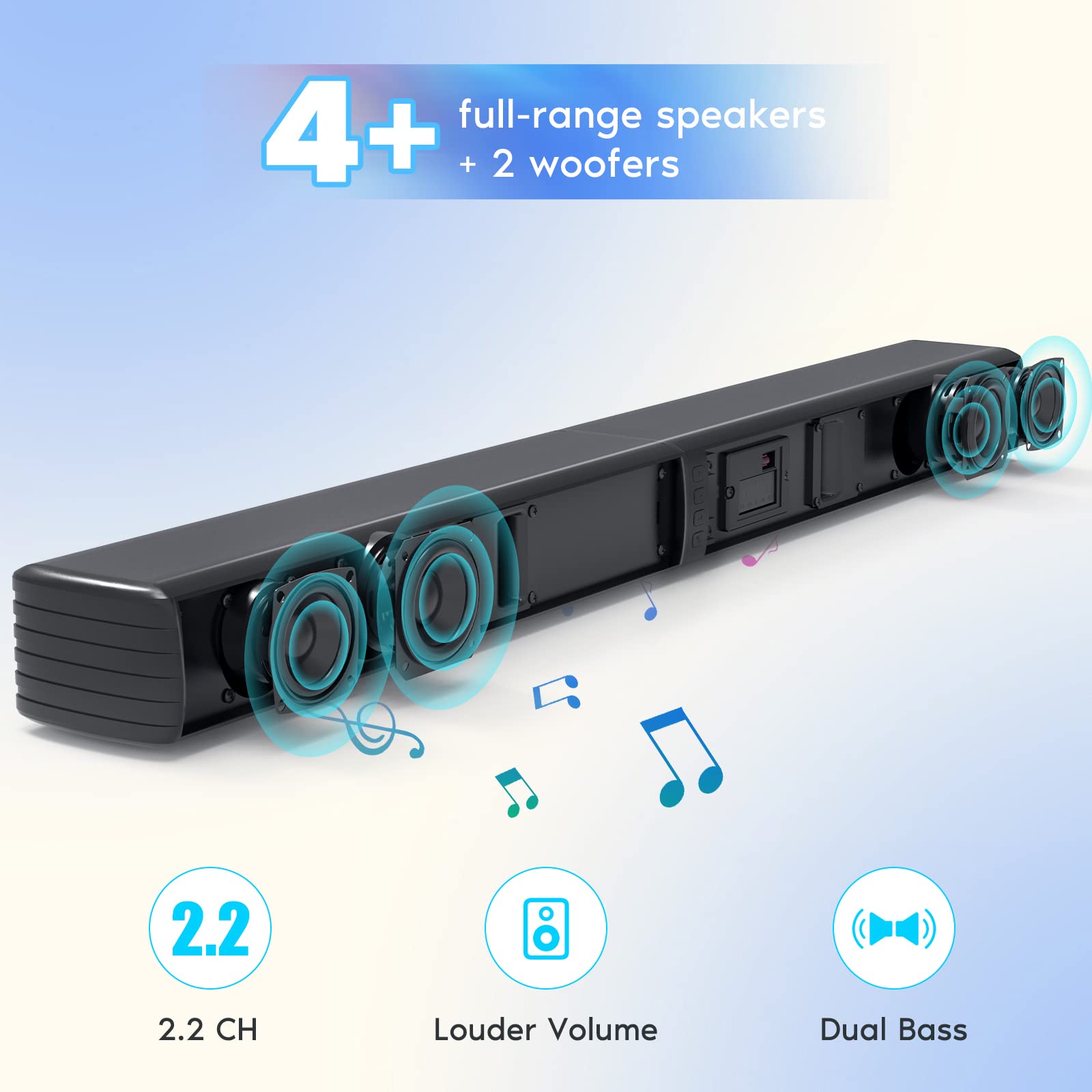 GEOYEAO Sound Bar, Bass Speakers for Smart TV with Dual Subwoofer 3D Surround Sound System, 32 Inch 2.2CH Home Theater Audio Soundbar, HDMI ARC Connection, 2 in 1 Detachable & Wall Mountable