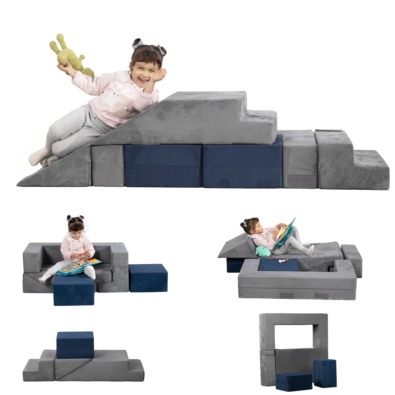 MOOZHEALTH Modular Kids Play Couch, Soft Play Climbing Blocks Convertible Toddlers Sofa and Indoor Playset Foldable Floor Cushion with 2 Ottomans for Playroom Bedroom