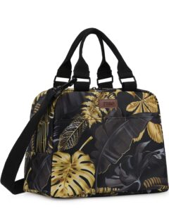 pbro insulated lunch bag for women/men,reusable lunch tote with adjustable shoulder belt,cute tropical plant leaves portable lunch box cooler bag,perfect for travel picnic,office,working -gold