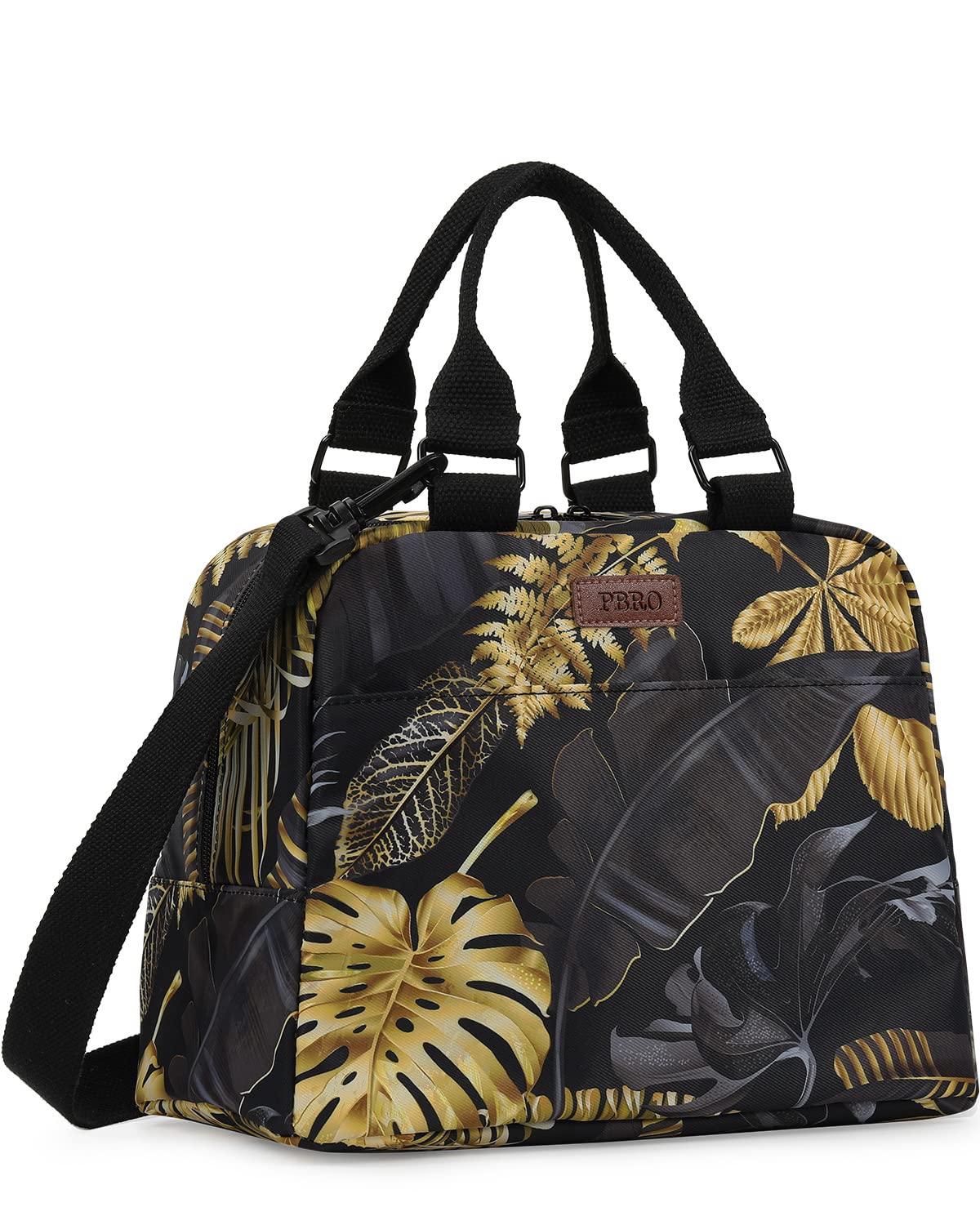 PBRO Insulated Lunch Bag for Women/Men,Reusable Lunch Tote with Adjustable Shoulder Belt,Cute Tropical Plant Leaves Portable Lunch Box Cooler Bag,Perfect for Travel Picnic,Office,Working -Gold