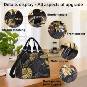 PBRO Insulated Lunch Bag for Women/Men,Reusable Lunch Tote with Adjustable Shoulder Belt,Cute Tropical Plant Leaves Portable Lunch Box Cooler Bag,Perfect for Travel Picnic,Office,Working -Gold