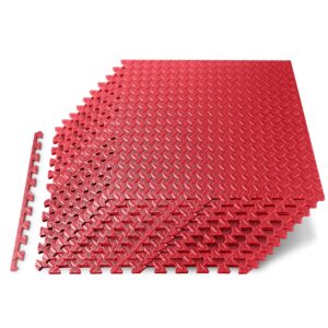 thick puzzle exercise mat, 10 pcs eva foam interlocking tiles protective flooring for gym equipment and cushion for workouts, durable non-skid texture, easy to assemble, red