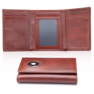 hlhgr trifold airtag wallet men,wallet with air tag holder genuine leather rfid blocking wallet for apple airtag brown (apple airtag not included)