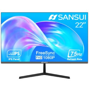 sansui monitor 22 inch ips 75hz fhd 1080p hdmi vga ports computer monitor ultra-thin tilt adjustable vesa mount compatible with eye comfort 178° wide viewing angle for game and office