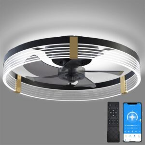 gosonkt 19.7" low profile ceiling fan with lights and remote, modern flush mount led stepless dimmable, reversible blades,6 speeds timing for bedroom, indoor use - black