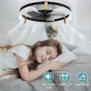 GOSONKT 19.7" Low Profile Ceiling Fan with Lights and Remote, Modern Flush Mount LED Stepless Dimmable, Reversible Blades,6 Speeds Timing for Bedroom, Indoor Use - Black