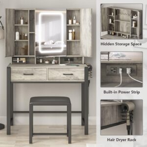 Fameill Vanity Desk with Lighted Mirror and Power Strip,Tri-Fold Mirror Makeup Vanity Table with Lights,2 Drawers Vanity Set with Hidden Storage Shelves,3 Color Lighting Modes,35.4in(L)