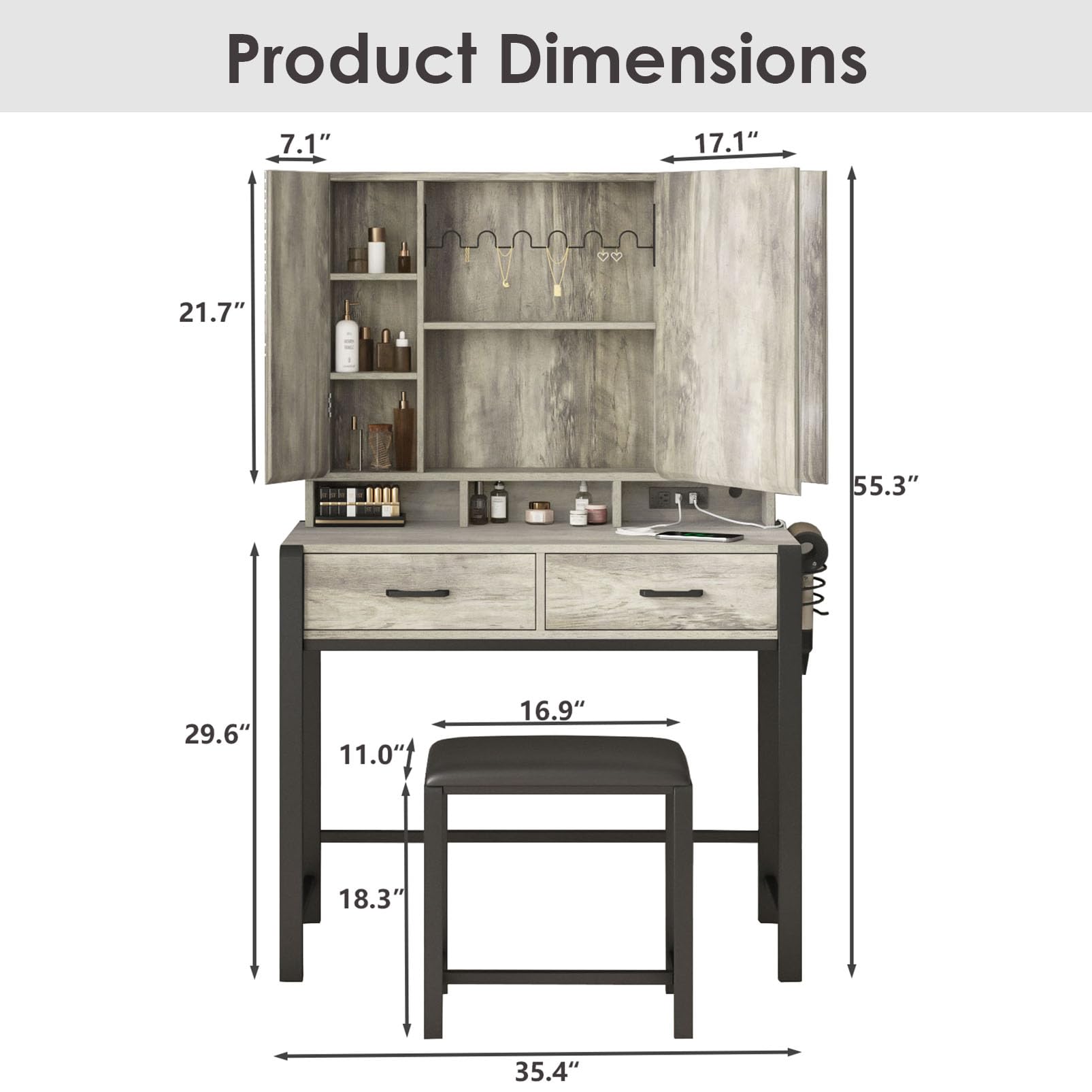 Fameill Vanity Desk with Lighted Mirror and Power Strip,Tri-Fold Mirror Makeup Vanity Table with Lights,2 Drawers Vanity Set with Hidden Storage Shelves,3 Color Lighting Modes,35.4in(L)