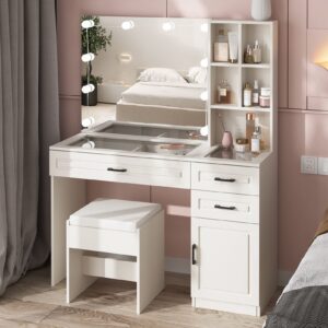 fameill white vanity desk with mirror and lights,glass top vanity table with 3 drawers and cabinets,large hd mirror makeup desk,3 lighting modes, brightness adjustable,45 in(l)