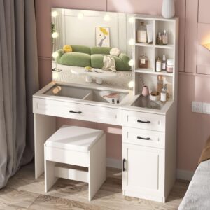 Fameill White Vanity Desk with Mirror and Lights,Glass Top Vanity Table with 3 Drawers and Cabinets,Large HD Mirror Makeup Desk,3 Lighting Modes, Brightness Adjustable,45 in(L)