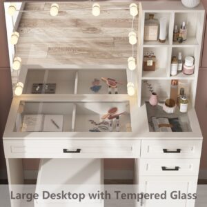 Fameill White Vanity Desk with Mirror and Lights,Glass Top Vanity Table with 3 Drawers and Cabinets,Large HD Mirror Makeup Desk,3 Lighting Modes, Brightness Adjustable,45 in(L)