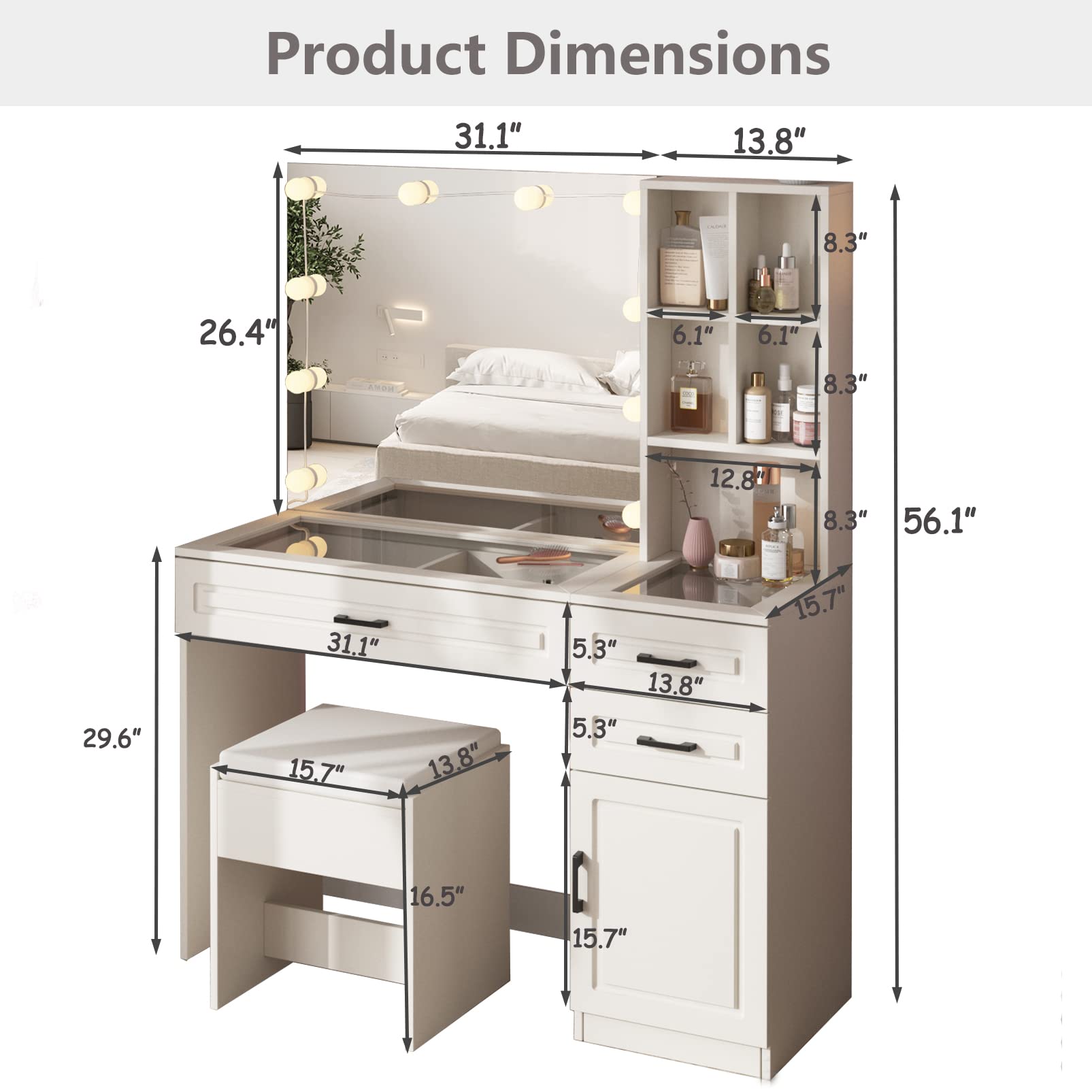 Fameill White Vanity Desk with Mirror and Lights,Glass Top Vanity Table with 3 Drawers and Cabinets,Large HD Mirror Makeup Desk,3 Lighting Modes, Brightness Adjustable,45 in(L)