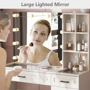 Fameill White Vanity Desk with Mirror and Lights,Glass Top Vanity Table with 3 Drawers and Cabinets,Large HD Mirror Makeup Desk,3 Lighting Modes, Brightness Adjustable,45 in(L)