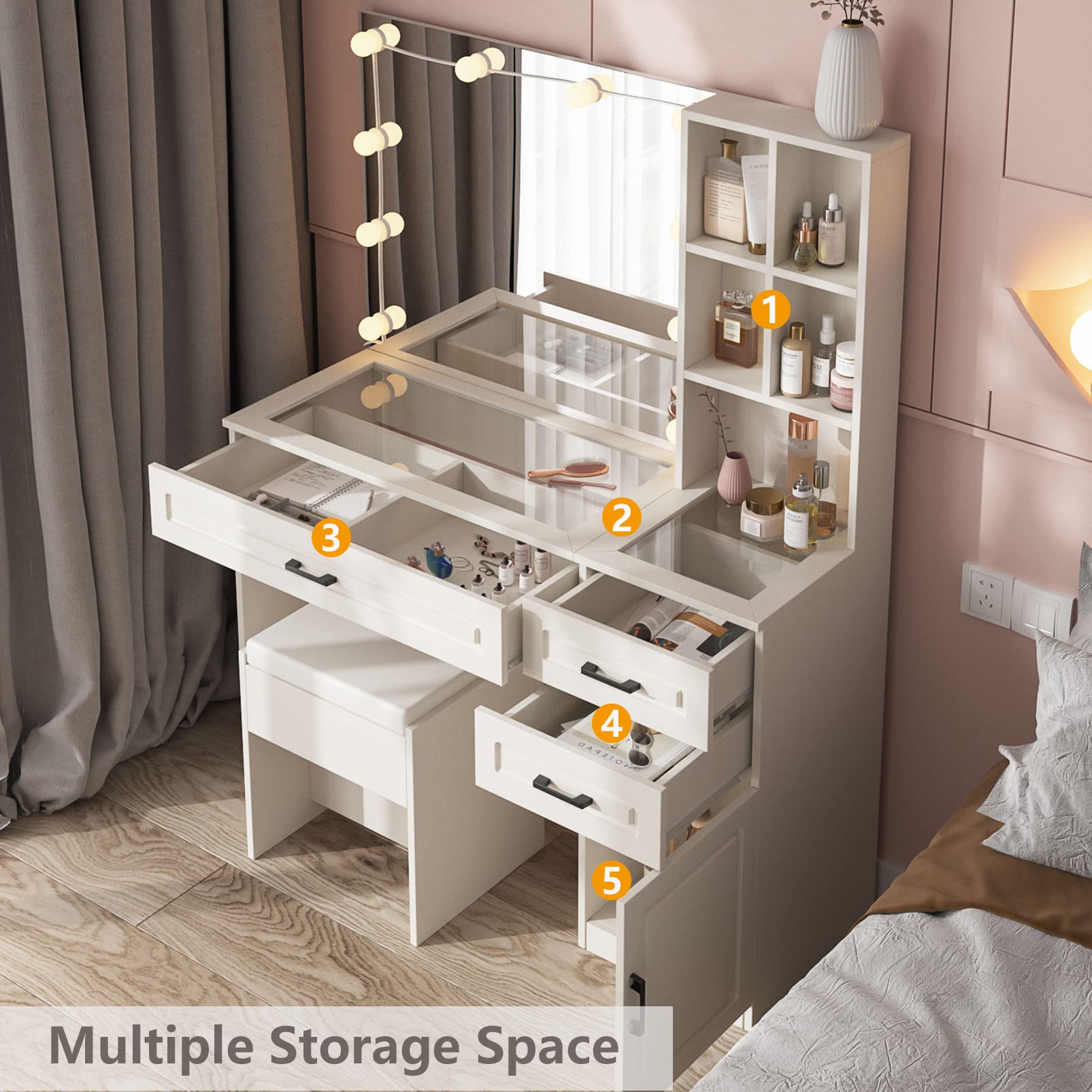 Fameill White Vanity Desk with Mirror and Lights,Glass Top Vanity Table with 3 Drawers and Cabinets,Large HD Mirror Makeup Desk,3 Lighting Modes, Brightness Adjustable,45 in(L)