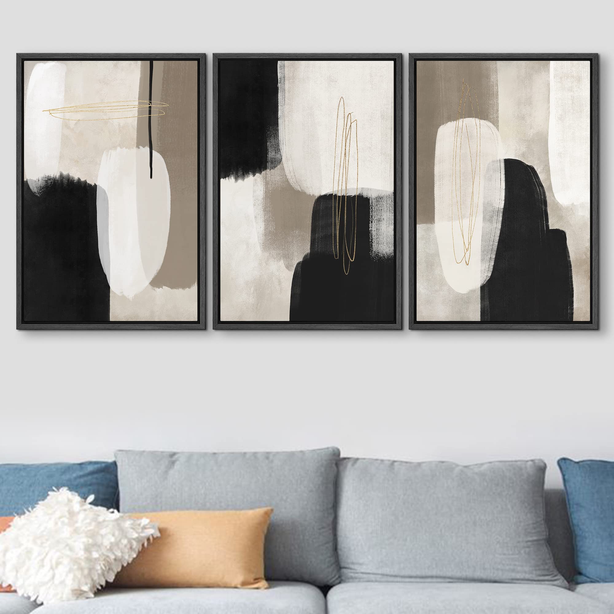 SIGNFORD Framed Canvas Print Wall Art Set Black & Gray Pastel Paint Stroke Collage Abstract Shapes Digital Art Modern Art Decorative Boho for Living Room, Bedroom, Office - 24"x36"x3 Black