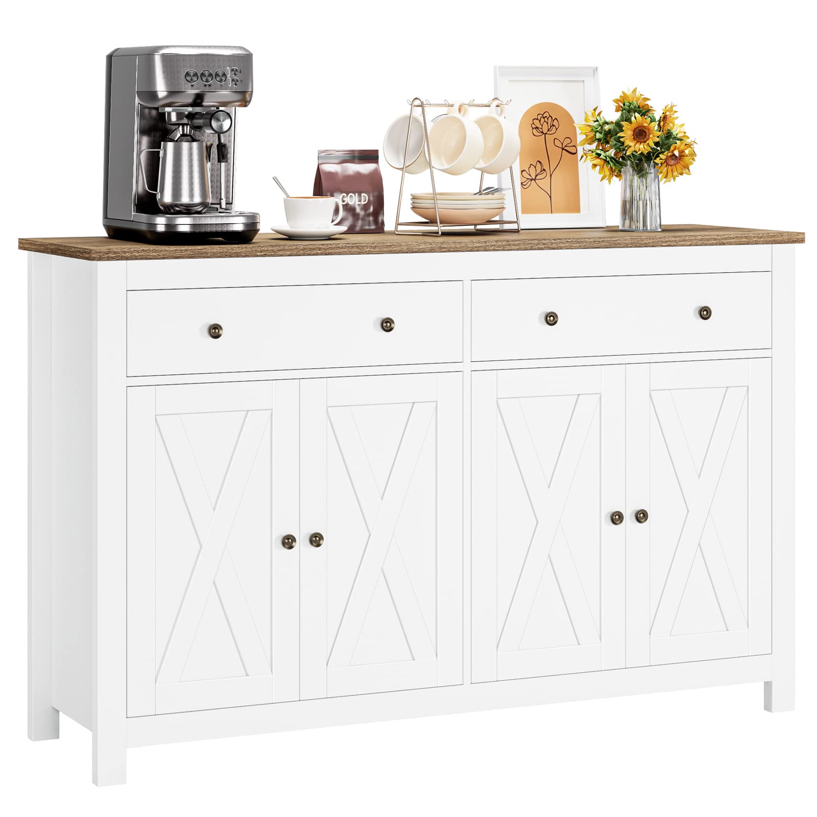 FOTOSOK Sideboard Buffet Cabinet with Storage, 55" Large Kitchen Storage Cabinet with 2 Drawers and 4 Doors, Wood Coffee Bar Cabinet Buffet Table Console Cabinet for Kitchen Dining Room, White