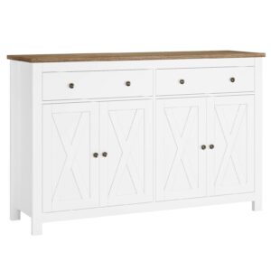 FOTOSOK Sideboard Buffet Cabinet with Storage, 55" Large Kitchen Storage Cabinet with 2 Drawers and 4 Doors, Wood Coffee Bar Cabinet Buffet Table Console Cabinet for Kitchen Dining Room, White