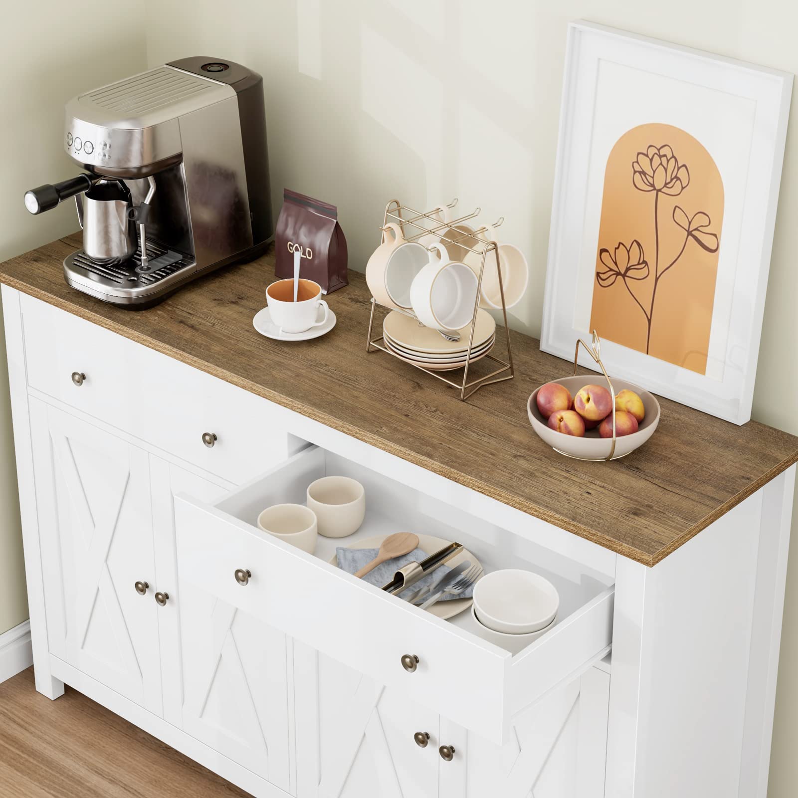 FOTOSOK Sideboard Buffet Cabinet with Storage, 55" Large Kitchen Storage Cabinet with 2 Drawers and 4 Doors, Wood Coffee Bar Cabinet Buffet Table Console Cabinet for Kitchen Dining Room, White