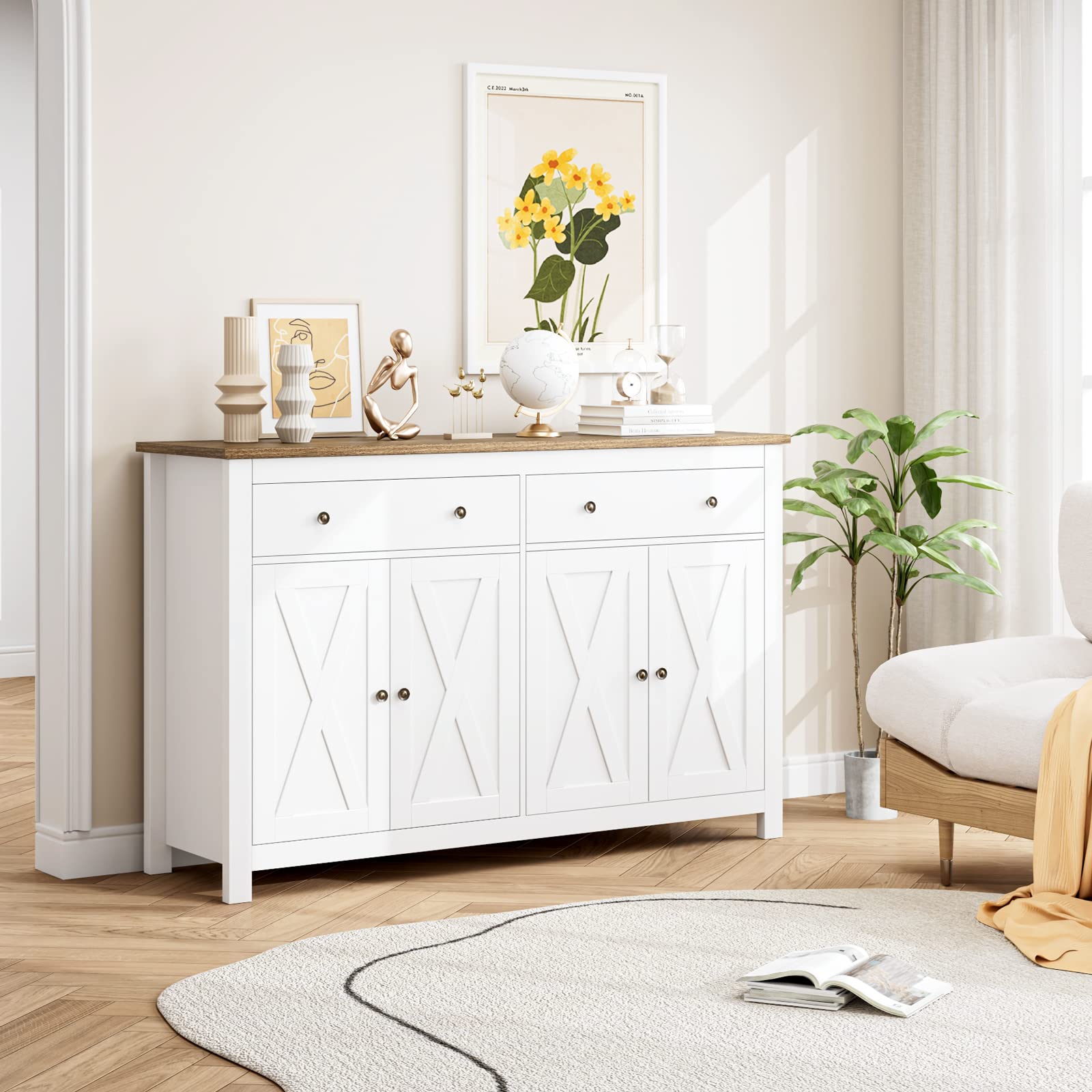 FOTOSOK Sideboard Buffet Cabinet with Storage, 55" Large Kitchen Storage Cabinet with 2 Drawers and 4 Doors, Wood Coffee Bar Cabinet Buffet Table Console Cabinet for Kitchen Dining Room, White