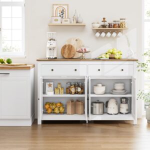 FOTOSOK Sideboard Buffet Cabinet with Storage, 55" Large Kitchen Storage Cabinet with 2 Drawers and 4 Doors, Wood Coffee Bar Cabinet Buffet Table Console Cabinet for Kitchen Dining Room, White