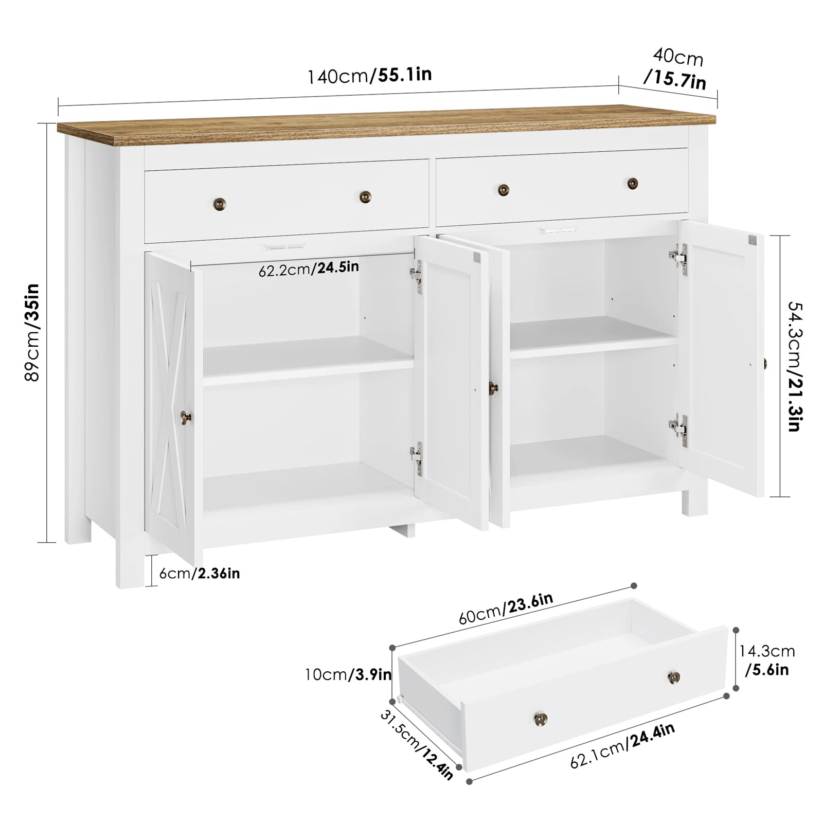 FOTOSOK Sideboard Buffet Cabinet with Storage, 55" Large Kitchen Storage Cabinet with 2 Drawers and 4 Doors, Wood Coffee Bar Cabinet Buffet Table Console Cabinet for Kitchen Dining Room, White