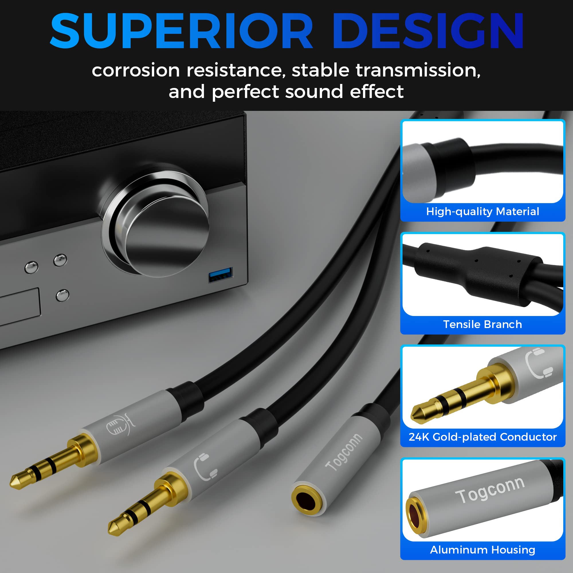 Togconn Headphone Splitter 3.5mm AUX Audio Stereo Y Adapter, 3.5mm Female to Dual 3.5mm TRS Male Headphone Jack, Compatible with Smartphone, Samsung, Tablet, Laptop, PS4