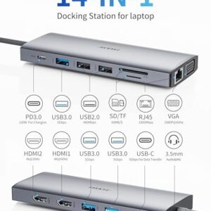 Docking Station 3 Monitors for Windows Laptop, USB C Docking Station with Dual HDMI 4K 60Hz, 1 VGA, 5 USB-A, 100W PD, Ethernet, Mic/Audio, SD/TF, USB Hub for Laptop for Dell XPS/HP/Lenovo/Surface