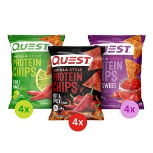 quest nutrition tortilla style protein chips variety pack, chili lime, hot & spicy, & spicy sweet chili, 12 count (3 each flavor)