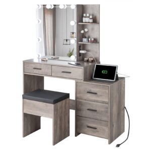 karl home lighted vanity desk with sliding mirror modern makeup vanity table with charging station, 5 drawers, storage shelves, cushioned stool, led dressing table set for women, gray