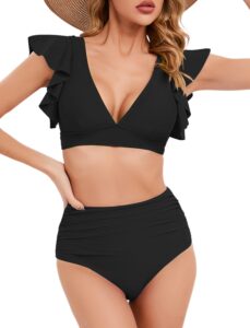 soucrat black swimsuit tummy control for women v neck high waisted bikini bottom sexy two piece bathing suits