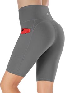 ewedoos biker shorts women tummy control workout shorts with 3 pockets high waisted compression gym running yoga shorts women gray