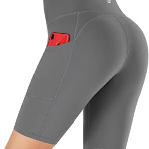 Ewedoos Biker Shorts Women Tummy Control Workout Shorts with 3 Pockets High Waisted Compression Gym Running Yoga Shorts Women Gray