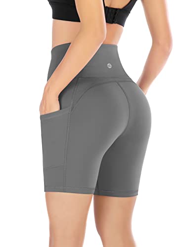 Ewedoos Biker Shorts Women Tummy Control Workout Shorts with 3 Pockets High Waisted Compression Gym Running Yoga Shorts Women Gray