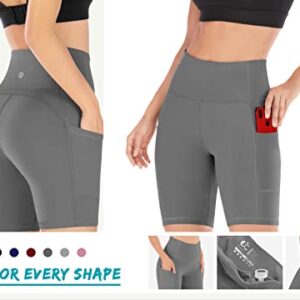 Ewedoos Biker Shorts Women Tummy Control Workout Shorts with 3 Pockets High Waisted Compression Gym Running Yoga Shorts Women Gray