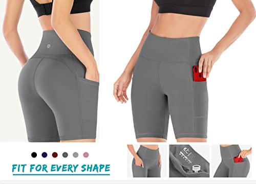 Ewedoos Biker Shorts Women Tummy Control Workout Shorts with 3 Pockets High Waisted Compression Gym Running Yoga Shorts Women Gray