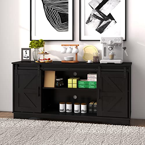 Panana Bar Cabinet with Barn 2 Sliding Doors Buffet Farmhouse Storage Cabinet TV Stand (Black)