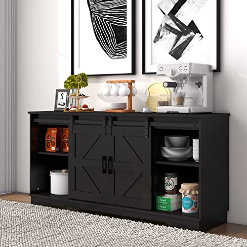 Panana Bar Cabinet with Barn 2 Sliding Doors Buffet Farmhouse Storage Cabinet TV Stand (Black)