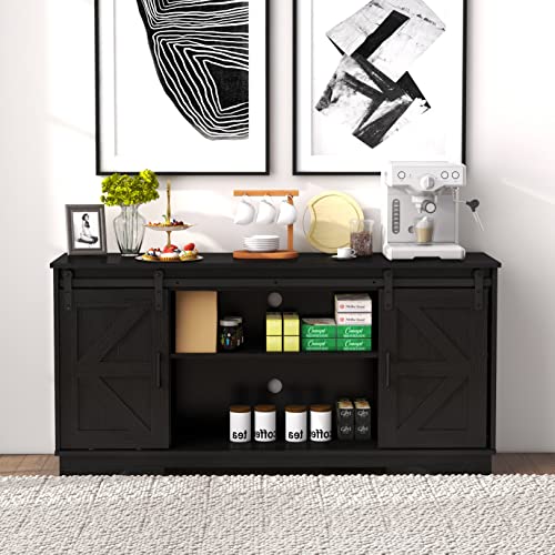 Panana Bar Cabinet with Barn 2 Sliding Doors Buffet Farmhouse Storage Cabinet TV Stand (Black)