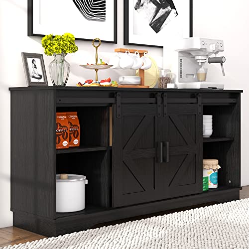 Panana Bar Cabinet with Barn 2 Sliding Doors Buffet Farmhouse Storage Cabinet TV Stand (Black)