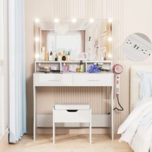 vabches makeup vanity with lighted mirror & outlet charging station, white vanity set makeup table, 3 lighting colors, brightness adjustable, 31.5in(w)