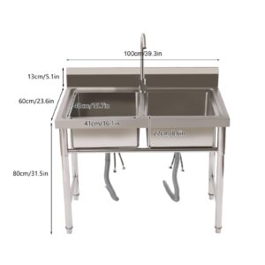 Commercial Stainless Steel Sink with 2 Compartments,Freestanding Restaurant Sink Station,Kitchen Prep & Utility Sink for Home Garage Bar Restaurant Laundry (2 Compartment 39.3" L × 23.6" W × 31.5" H)