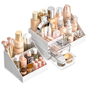 makeup organizer, large capacity with drawers for vanity, makeup brush, nail polish and beauty supplies white/clear