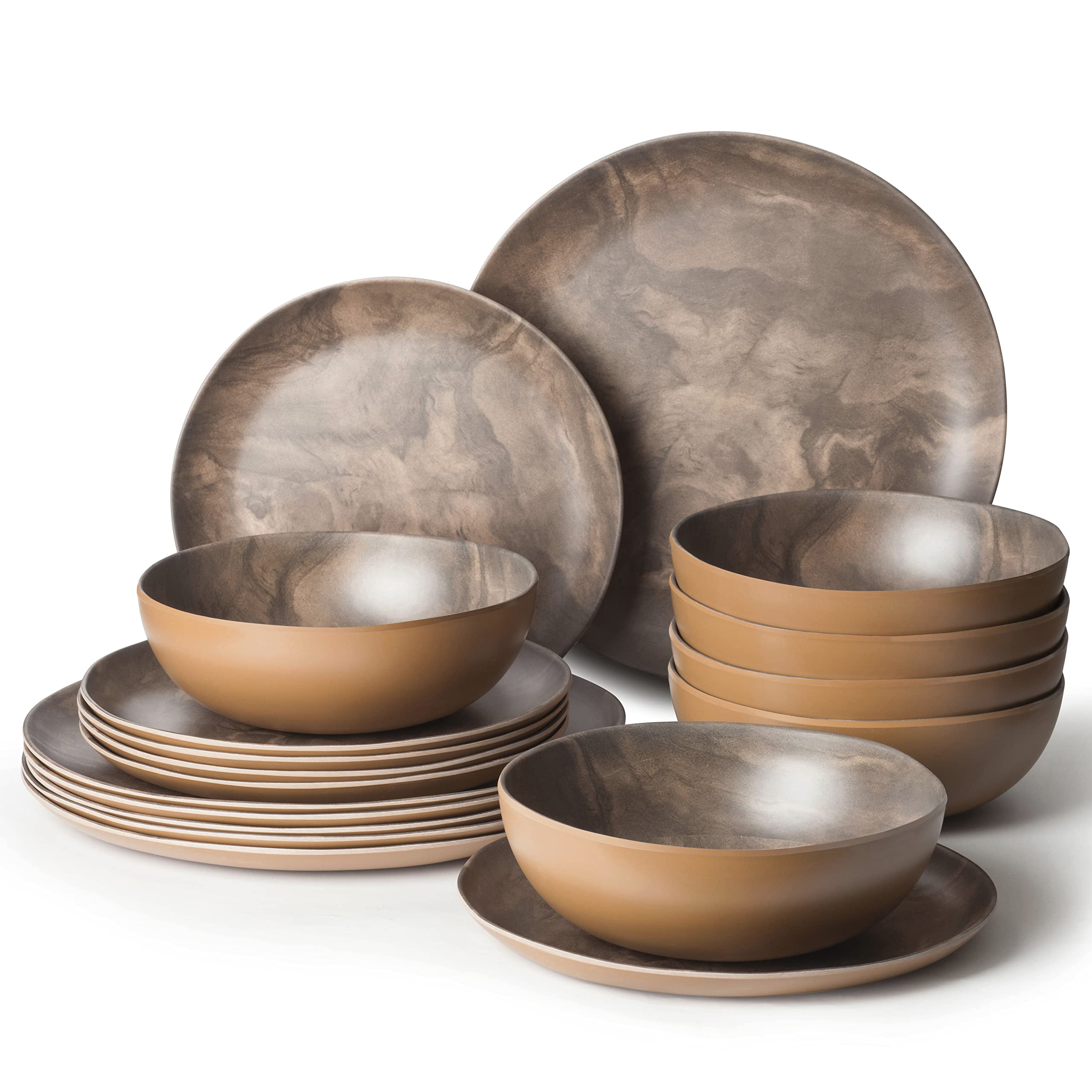 Joviton Home 18PCS Olive Wood Melamine Dinnerware Sets for 6, Plates and Bowls Sets (Olive Wood)