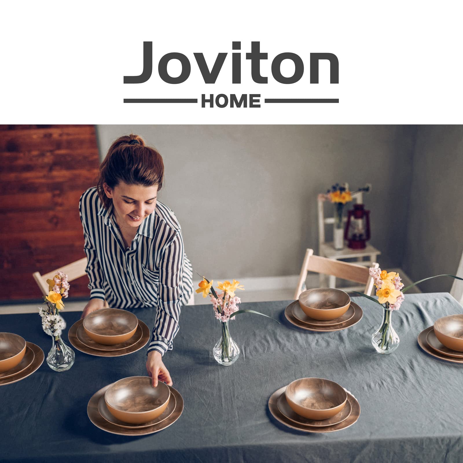 Joviton Home 18PCS Olive Wood Melamine Dinnerware Sets for 6, Plates and Bowls Sets (Olive Wood)