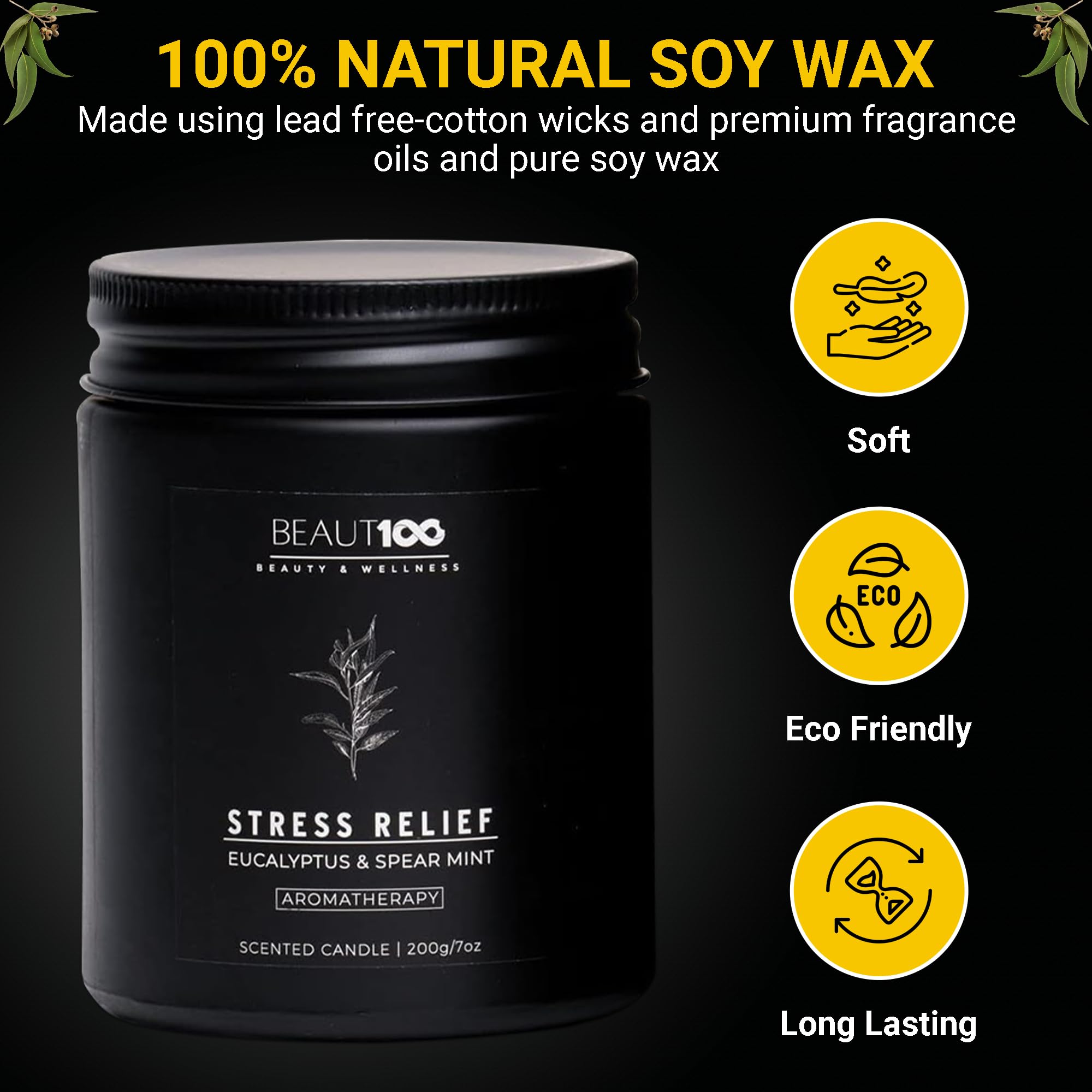 BEAUT100 Stress Relief Candle | Scented Candles for Men & Women | Aromatherapy Candle, Long Lasting Relax Soy Candles for Home | Candles Gift for Women & Men.