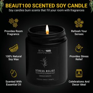 BEAUT100 Stress Relief Candle | Scented Candles for Men & Women | Aromatherapy Candle, Long Lasting Relax Soy Candles for Home | Candles Gift for Women & Men.