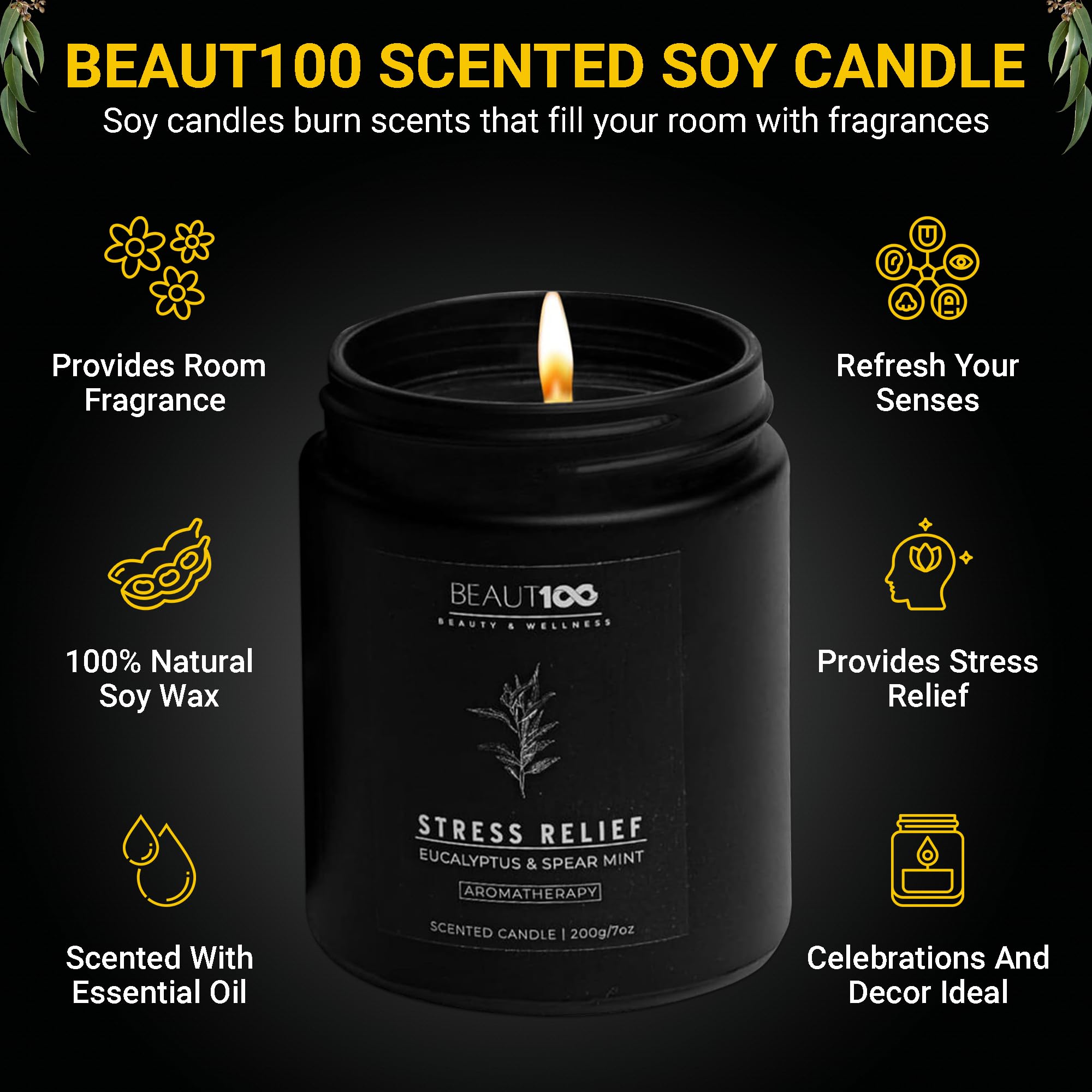 BEAUT100 Stress Relief Candle | Scented Candles for Men & Women | Aromatherapy Candle, Long Lasting Relax Soy Candles for Home | Candles Gift for Women & Men.