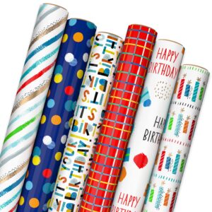 hallmark colorful wrapping paper bundle with cutlines on reverse (6 rolls: 115 square feet total) red, blue, yellow, green, rainbow stripes, polka dots for birthdays, graduations, father's day