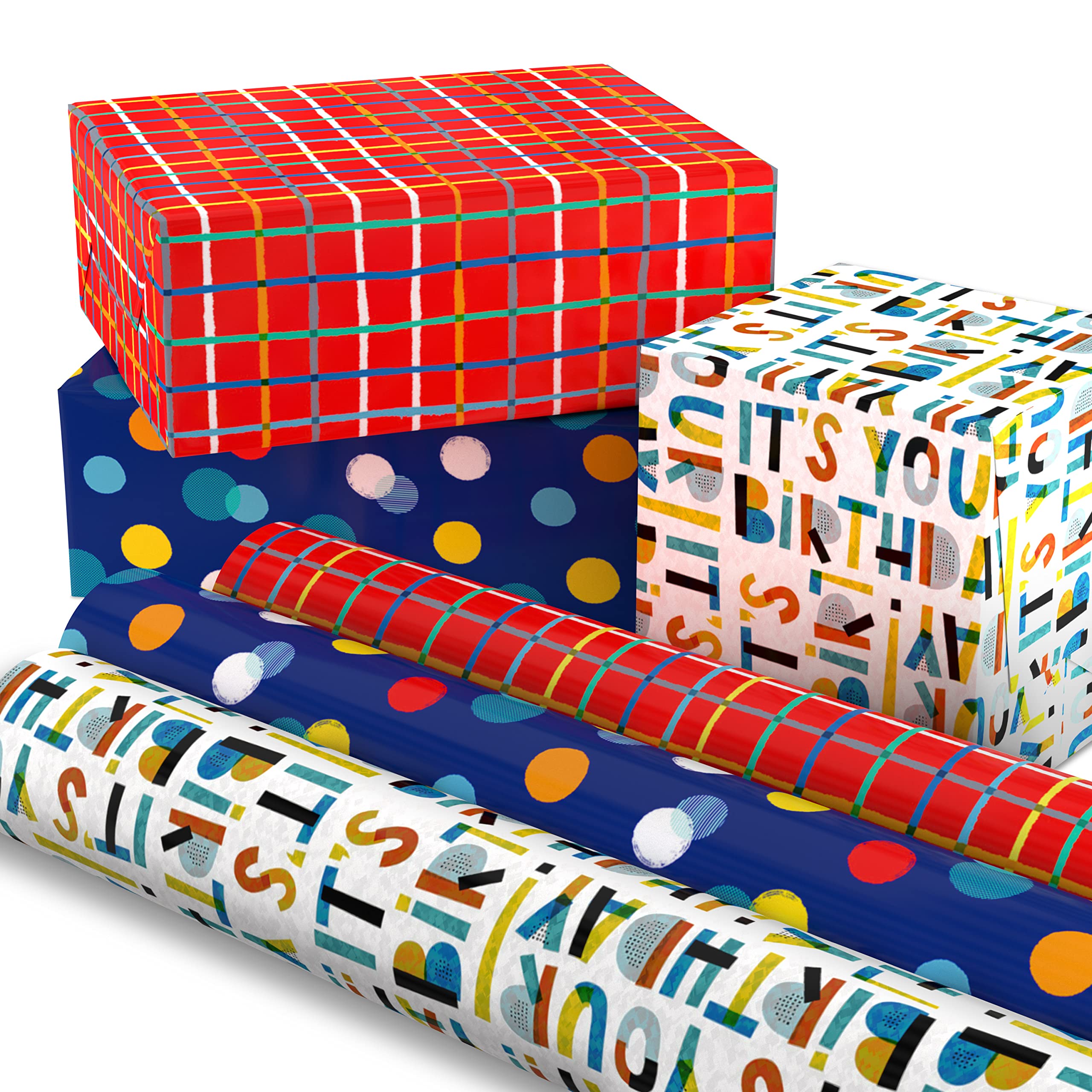 Hallmark Colorful Wrapping Paper Bundle with Cutlines on Reverse (6 Rolls: 115 Square Feet Total) Red, Blue, Yellow, Green, Rainbow Stripes, Polka Dots for Birthdays, Graduations, Father's Day